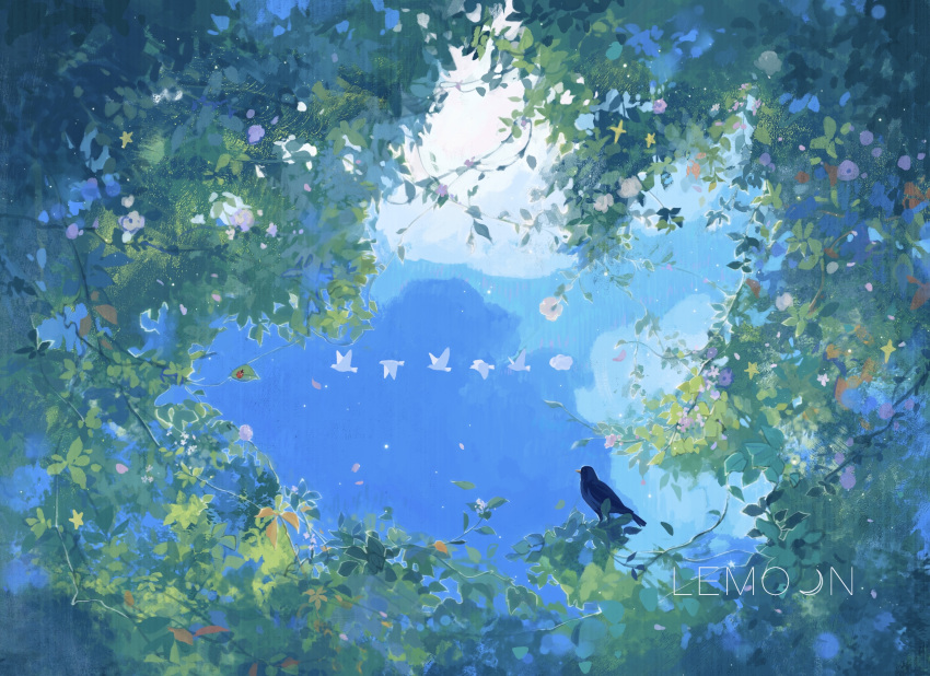 Safebooru - absurdres artist name bird black bird blue sky bud chinese commentary clouds ...