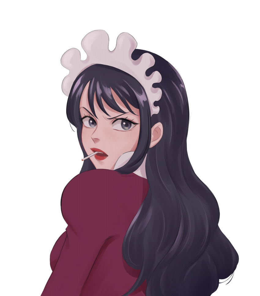 Safebooru - 1girl absurdres baby 5 back black eyes black hair cigarette cocoyashin dress english ...