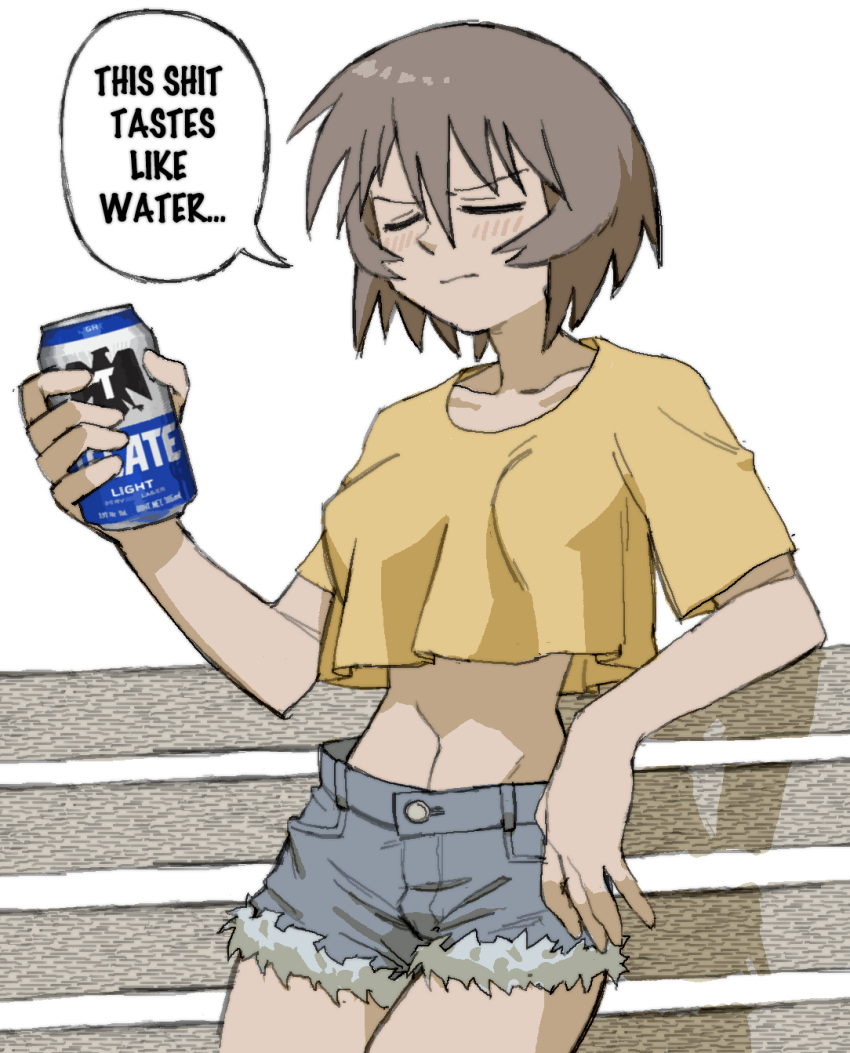 Safebooru - 1girl absurdres against railing azumanga daioh beer can blue shorts breasts brown ...