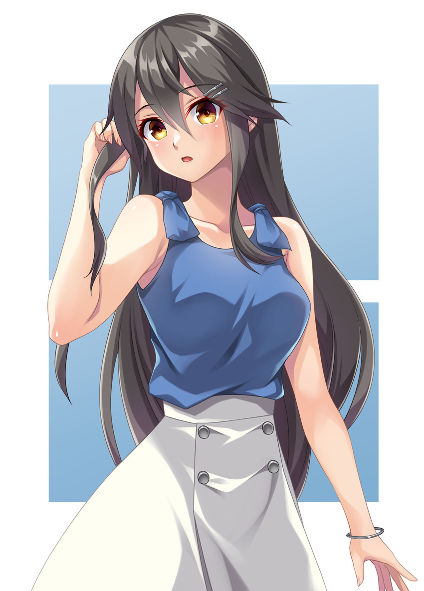 Safebooru - 1girl black hair blue shirt breasts brown eyes hair between eyes hair ornament ...