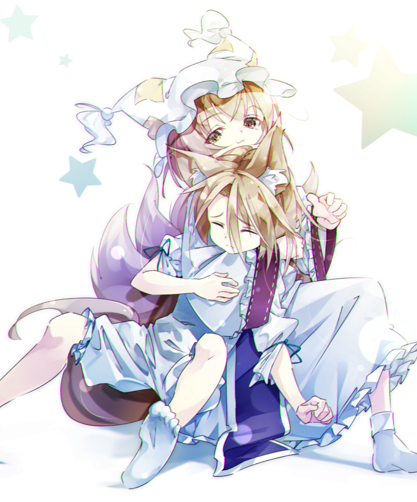 Safebooru - 2girls :3 animal ear headwear animal ears arm around neck blonde hair blue tabard ...