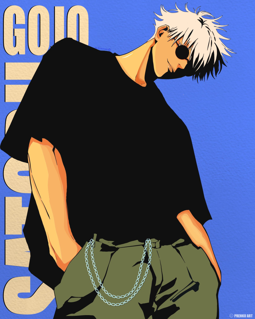 Safebooru - 1boy artist name black shirt blue background chain character name closed mouth ...