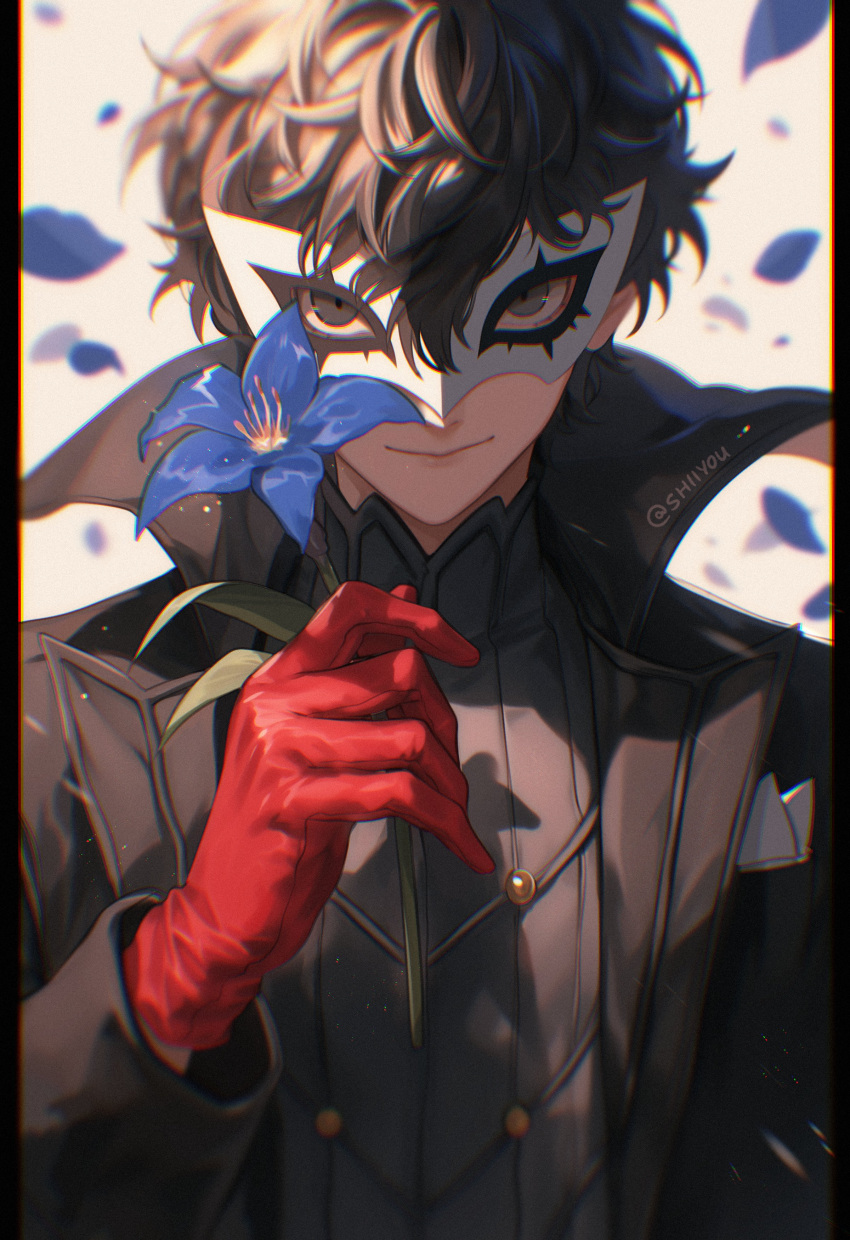 Safebooru - 1boy absurdres amamiya ren black coat black hair blue flower closed mouth coat eye ...