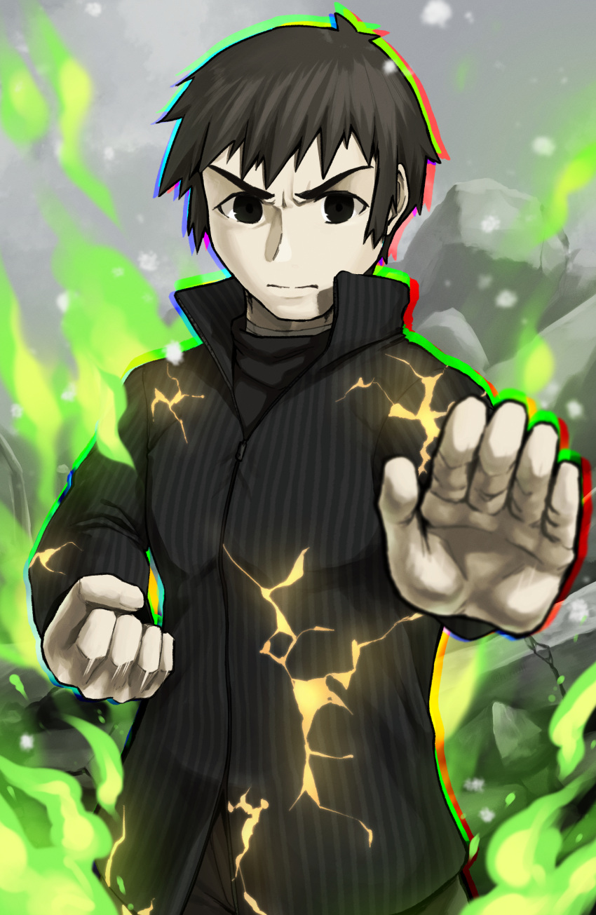 Safebooru - 1boy absurdres black eyes black hair black jacket chromatic aberration clenched hand ...