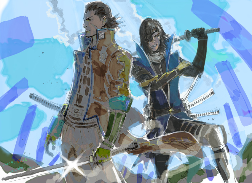Safebooru - 2boys armor blue sky brown coat brown eyes brown hair ...