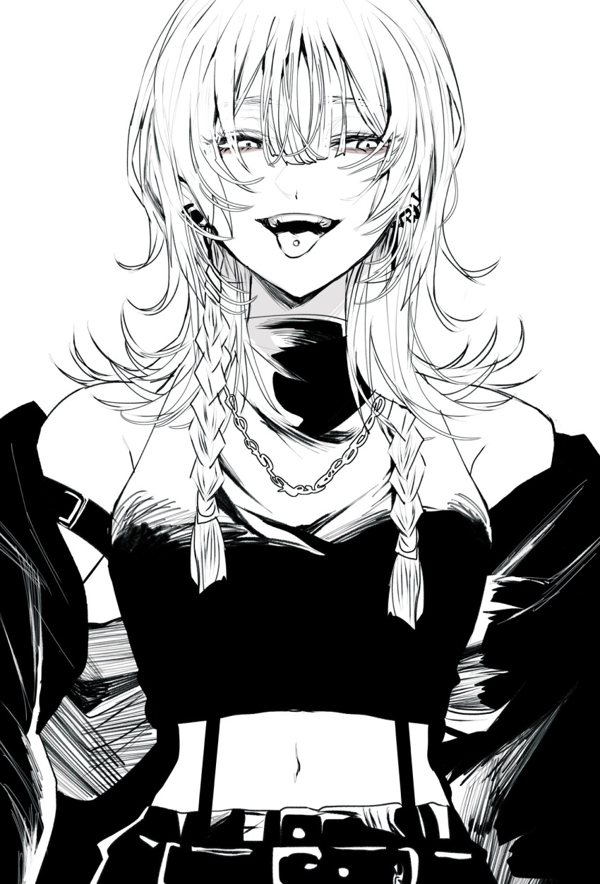 Safebooru - 1girl armlet braid commentary crop top earclip greyscale ...