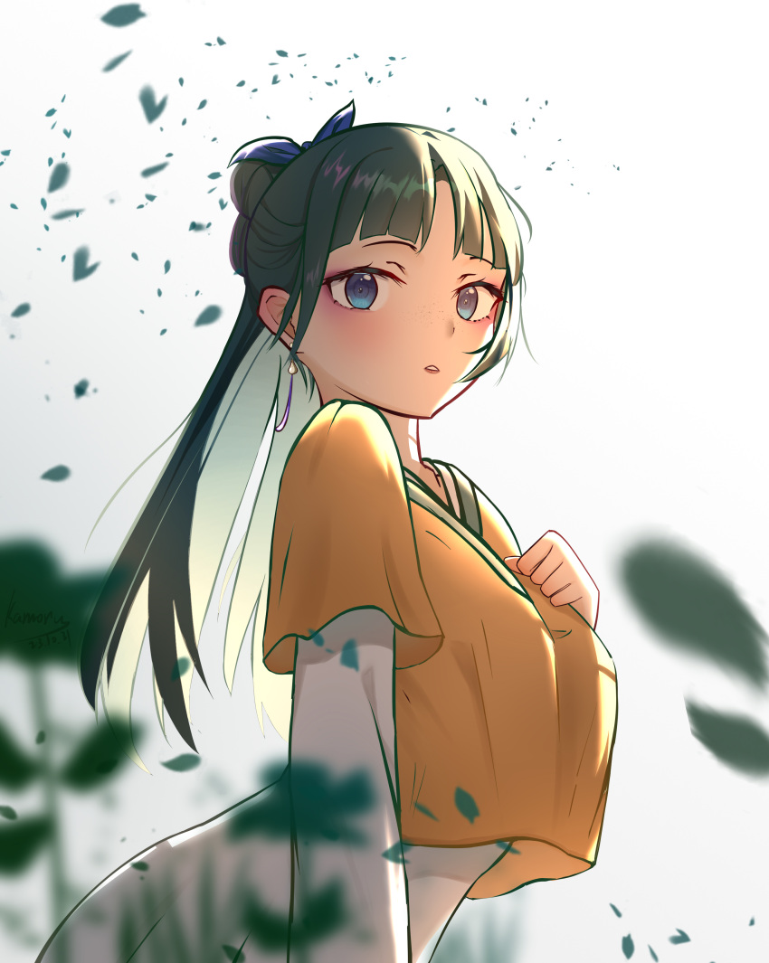 Safebooru - 1girl absurdres blue eyes blurry blurry foreground bow day earrings green hair hair ...