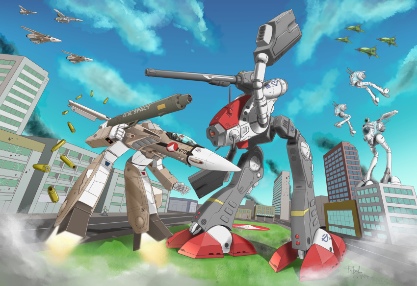 Safebooru - alien arm cannon battle building choujikuu yousai macross cityscape clouds damaged ...