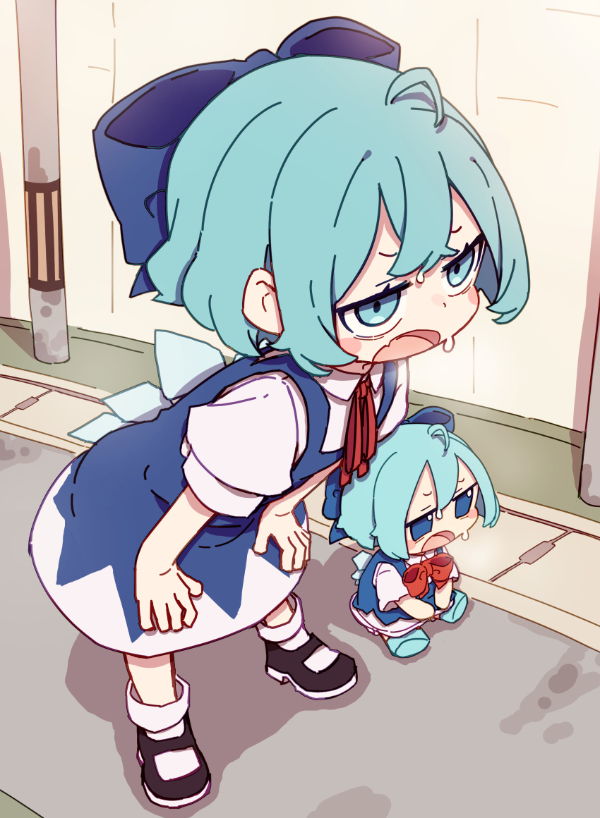 Safebooru - 1girl absurdres black footwear blue bow blue eyes blue hair bow cirno day fumo (doll ...