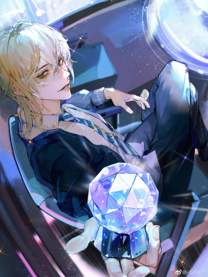 Safebooru - 1boy absurdres alkaid mcgrath aqua necktie black cardigan black pants blonde hair ...