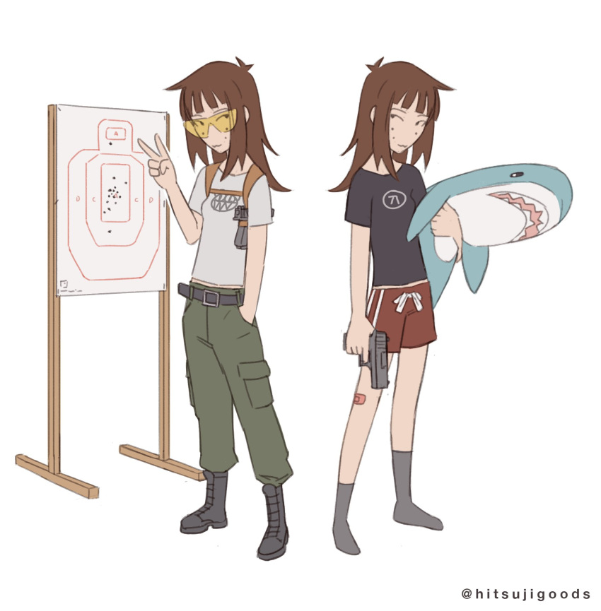 Safebooru - blahaj brown hair female glasses gun hitsujigoods holding ...