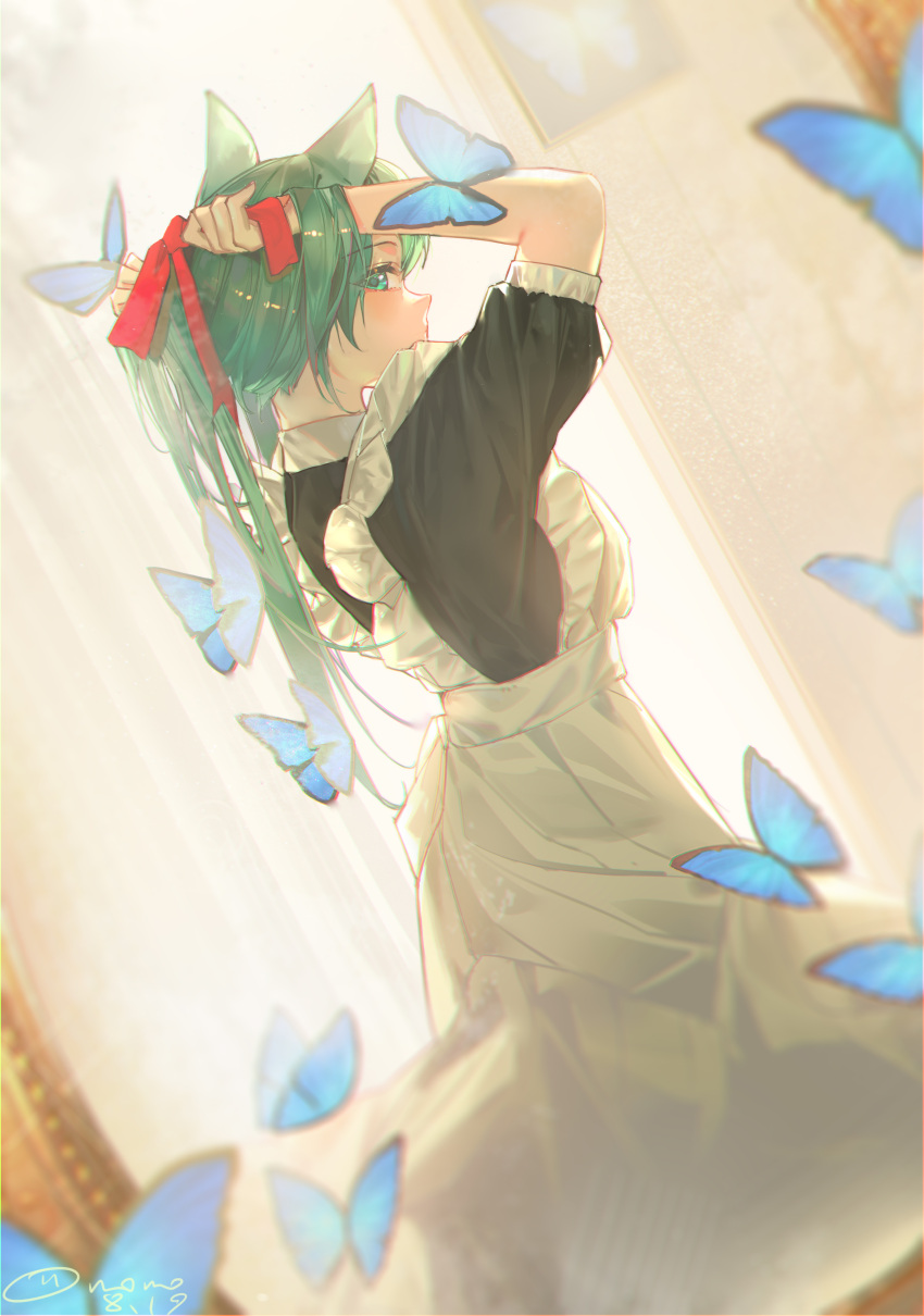 Safebooru - 1girl absurdres animal ears apron arms up black dress blue butterfly blurry bug ...