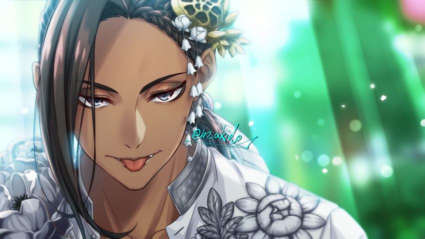 Safebooru - 1boy brown hair dark-skinned male dark skin fang flower green background grey eyes ...
