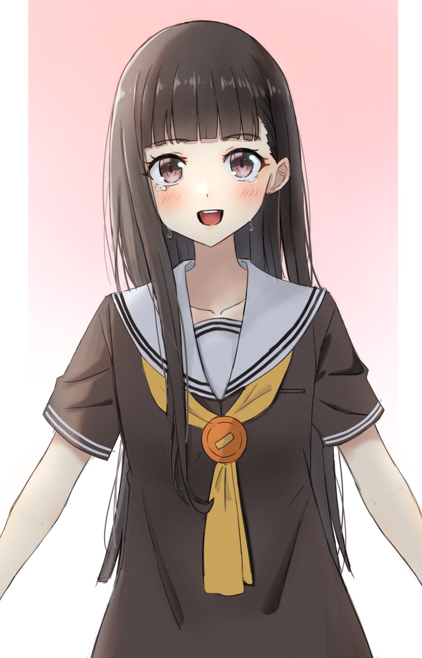 Safebooru - 1girl :o absurdres blunt bangs blush brown hair brown shirt crying crying with eyes ...