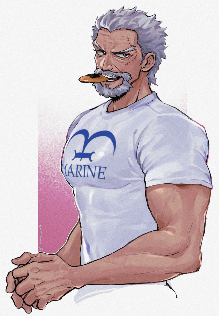 Safebooru - 1boy absurdres beard biceps bright pupils brown eyes clothes writing facial hair ...