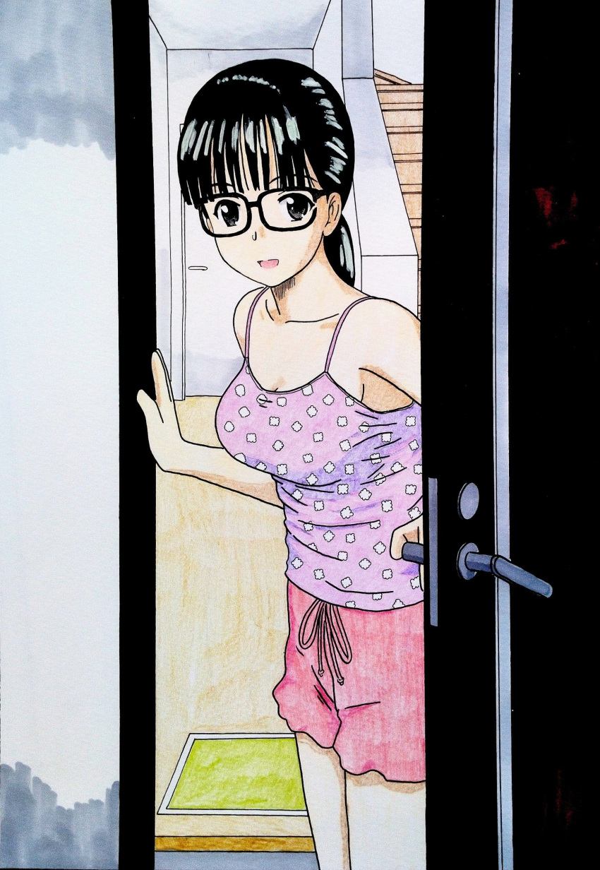 Safebooru - 1girl :d absurdres black-framed eyewear black eyes black hair breasts doormat ...