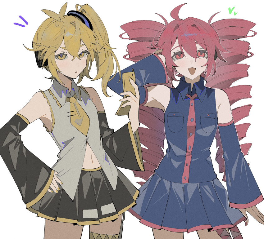 Safebooru - 2girls absurdres ahoge akita neru antenna hair arm up bare shoulders black skirt ...