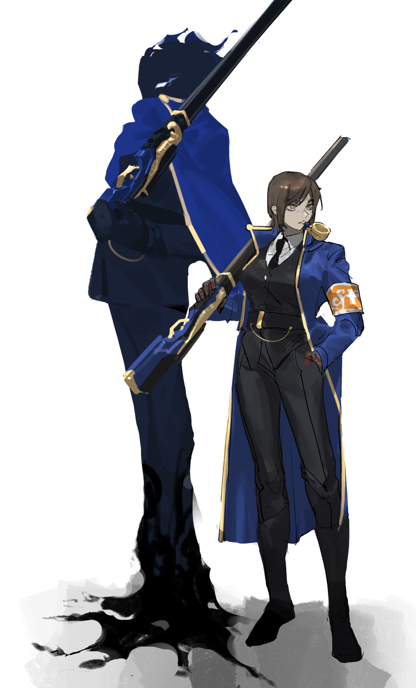 Safebooru - 1boy 1girl absurdres black fire black gloves black jacket black pants blue coat coat ...