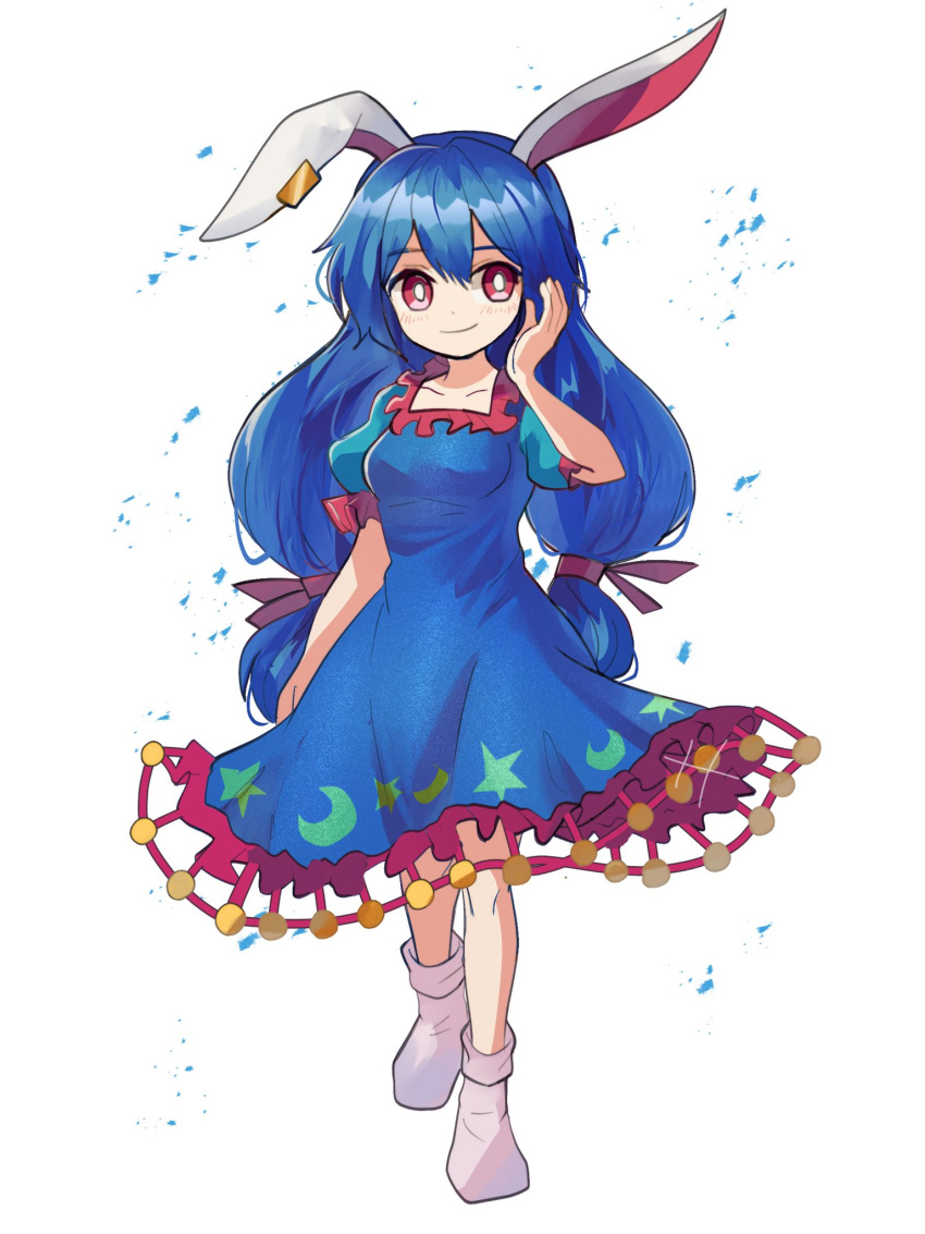 Safebooru - 1girl animal ears blue dress blue hair closed mouth commentary request dress earclip ...