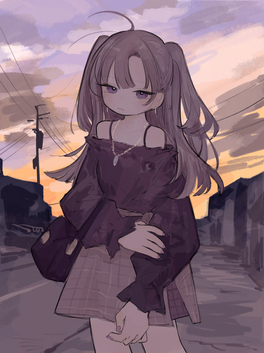Safebooru - 1girl absurdres bag bare shoulders closed mouth clouds commission cowboy shot ...