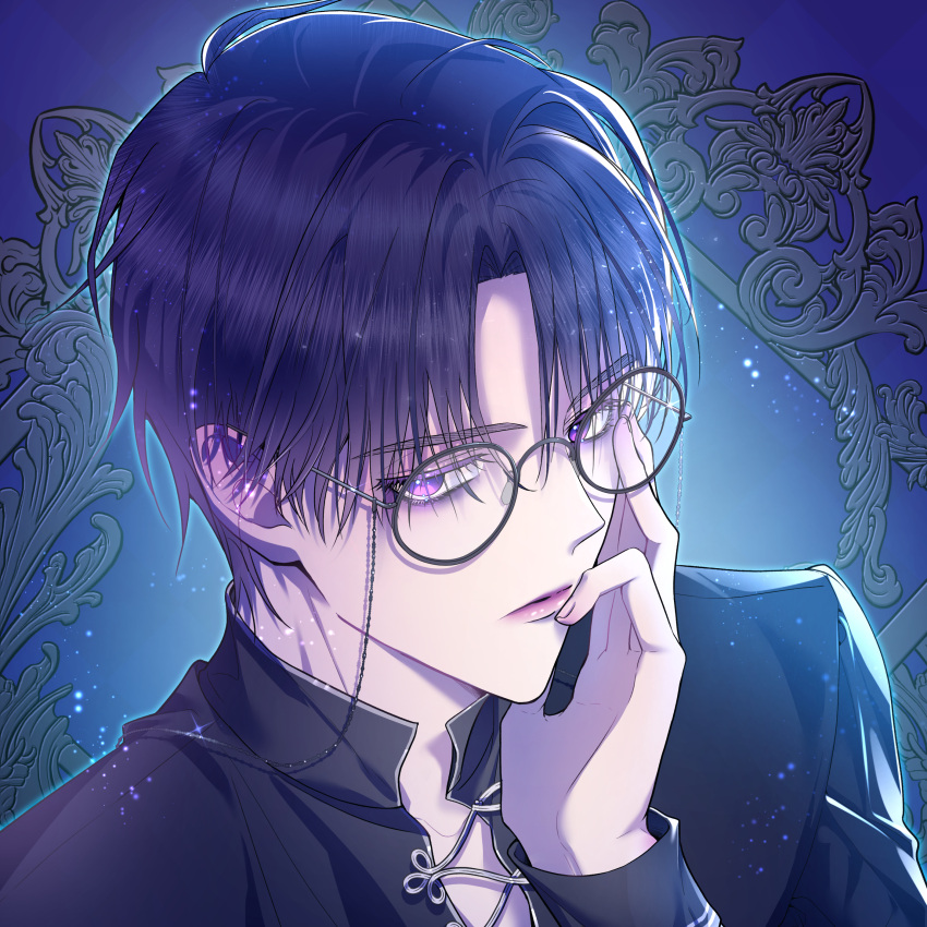 Safebooru - 1boy absurdres black hair black shirt blue background glasses hand up highres male ...