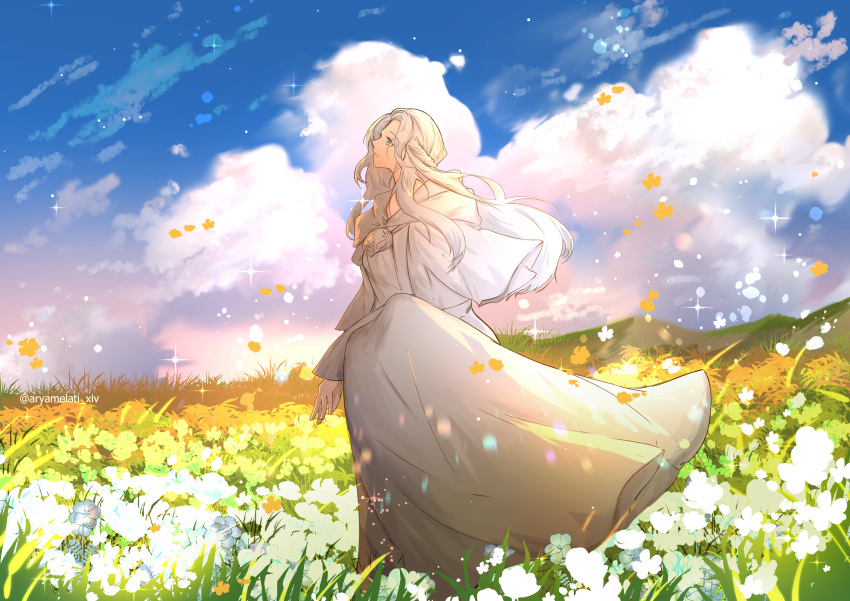 Safebooru - 1girl absurdres arm rest arya melati blue eyes blue sky braid capelet clouds cloudy ...