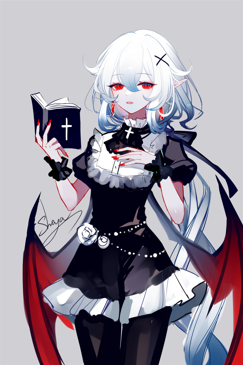 Safebooru - 1girl artist name black dress black pantyhose book chinese commentary commentary ...