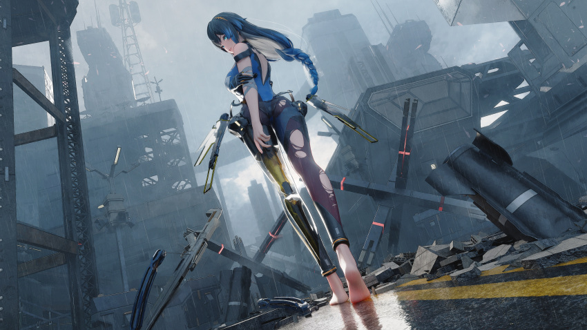 Safebooru - 1girl absurdres bandaged arm bandages bare shoulders barefoot black pantyhose blue ...