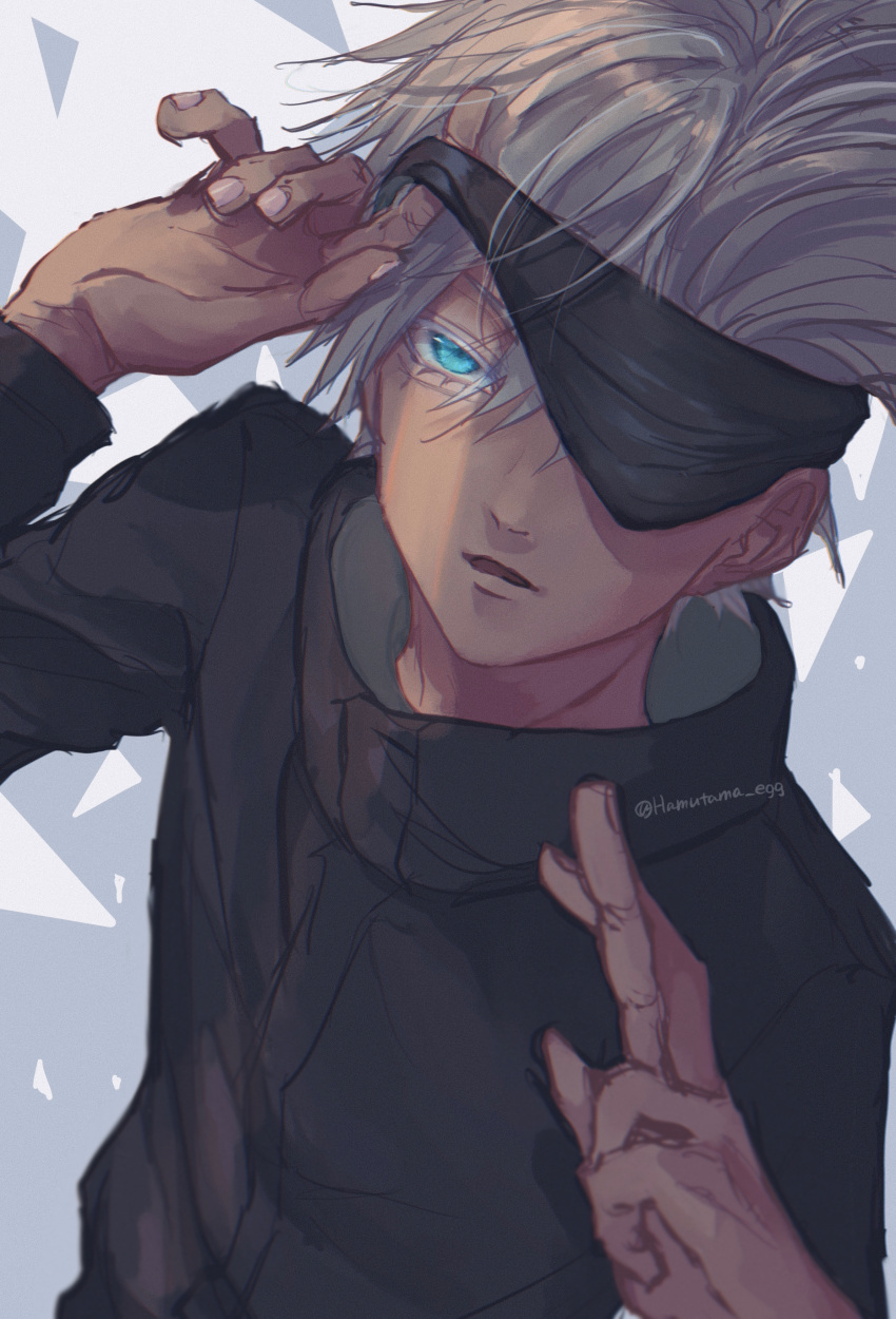 Safebooru - 1boy absurdres black jacket blindfold blindfold lift blue eyes domain expansion ...