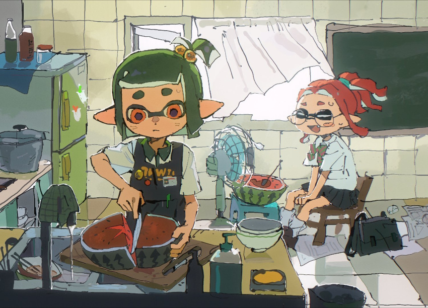 Safebooru - 2girls between legs bowl curtains cutting board day fanning ...