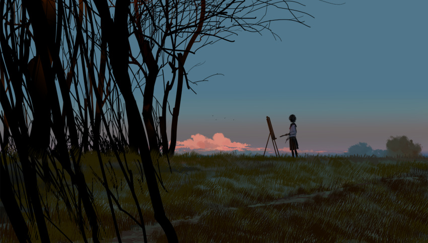 Safebooru - 1girl bangqiao yan blue sky canvas (object) clouds evening grass highres original ...