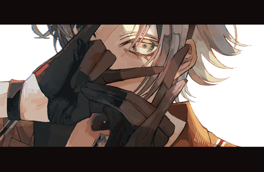 Safebooru - 1boy backlighting black gloves brown hair close-up facing ...