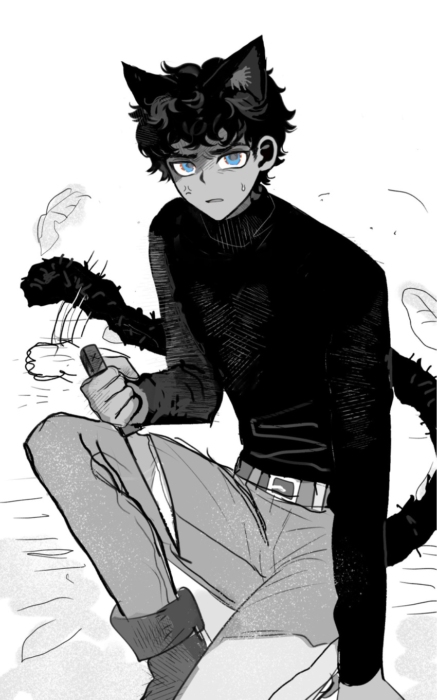Safebooru - 1boy anger vein angry animal ears belt black hair blue eyes ...