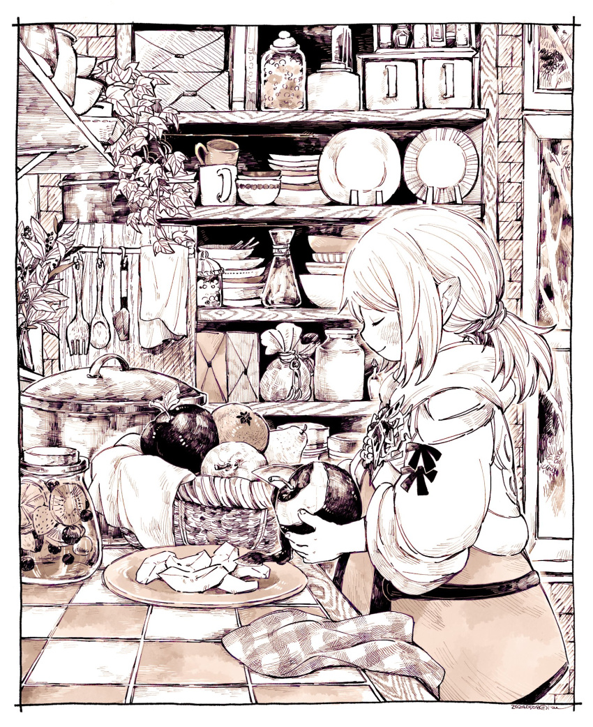 Safebooru - 1girl apple apple slice basket border closed eyes cooking ...