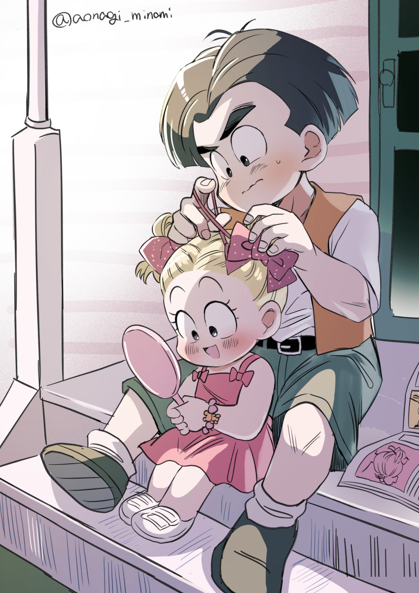 Safebooru - 1boy 1girl absurdres adjusting another's hair aonagi minami belt black hair blonde ...