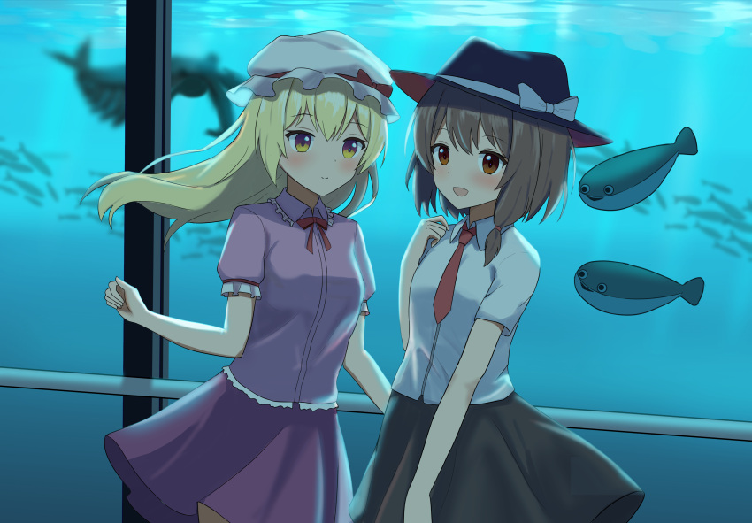 Safebooru - 1048334293 2girls :d absurdres anomalocaris aquarium black hat black skirt blonde ...