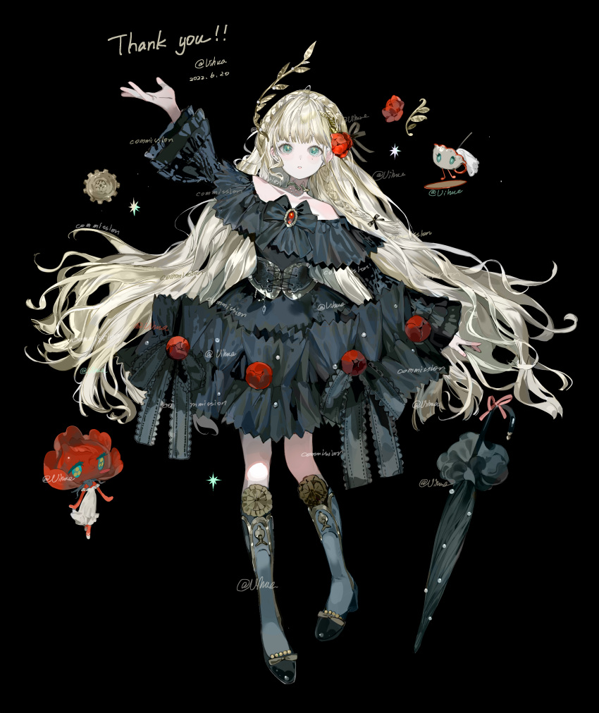 Safebooru - 1girl absurdres arm up bare shoulders black background black bow black bowtie black ...