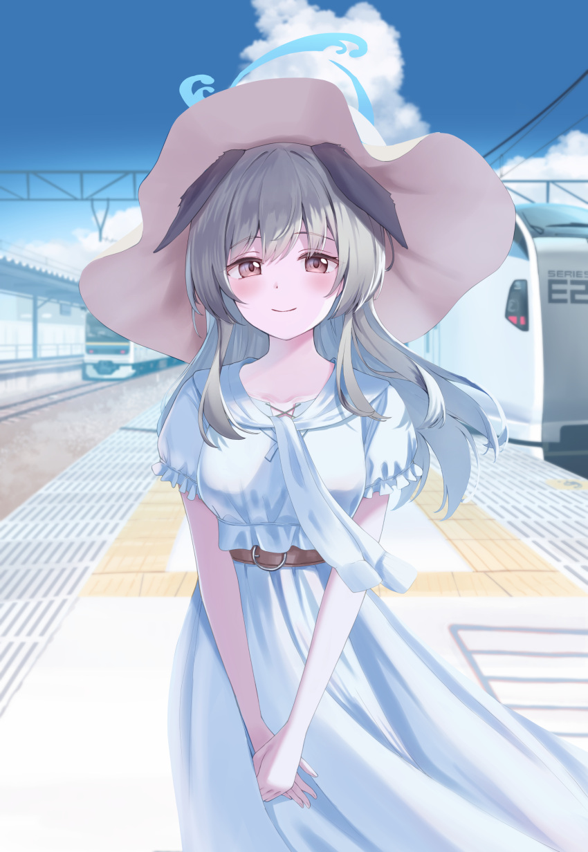 Safebooru - 1girl absurdres animal ears belt blue archive blue halo blue sky blush brown belt ...