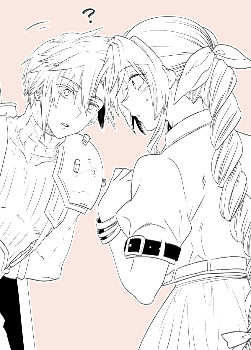 Safebooru - 1boy 1girl ? aerith gainsborough armor arms behind back bangle belt blush bracelet ...