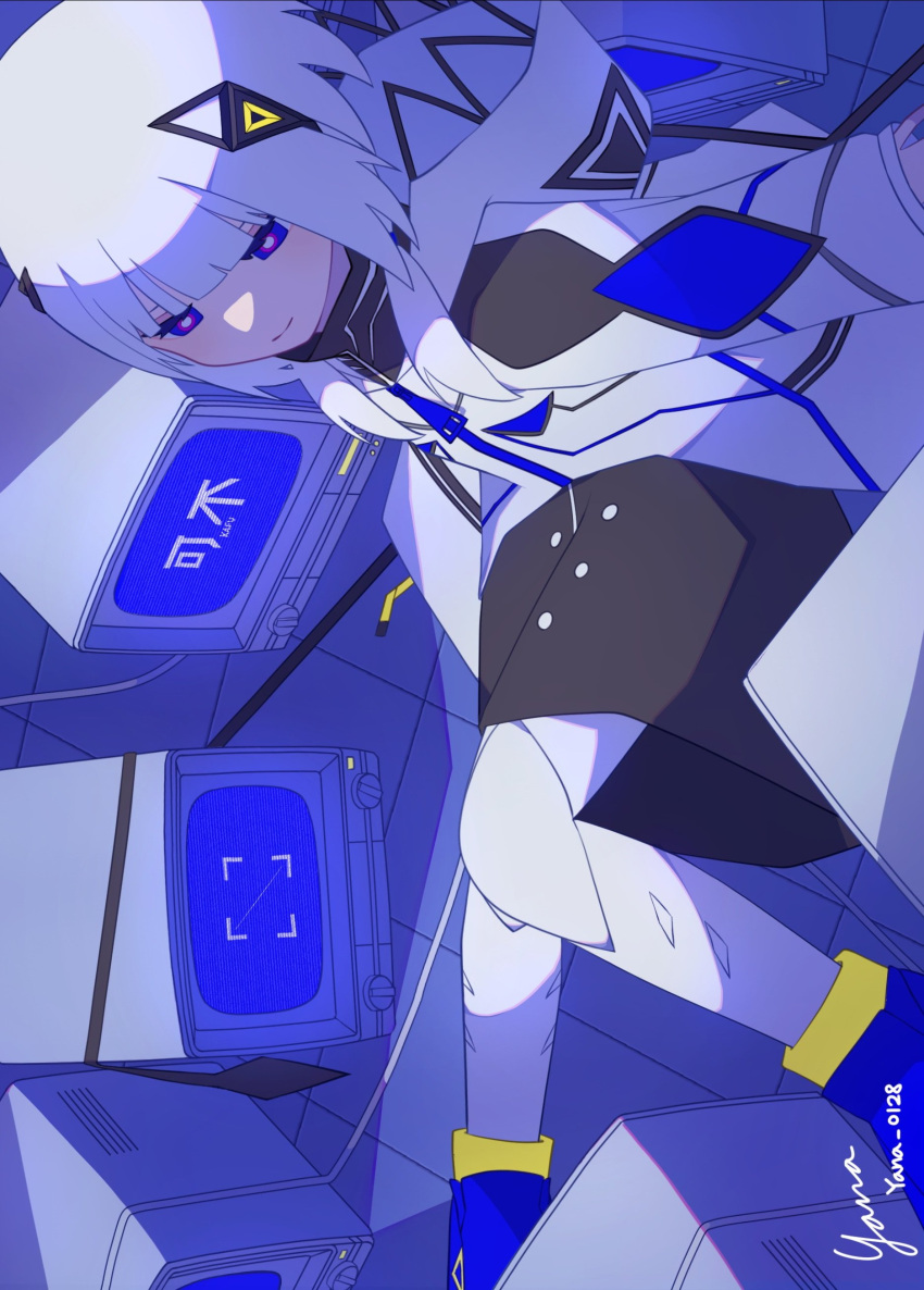 Safebooru - 1girl absurdres black jacket black shirt blue eyes blue jacket blue theme blunt ...