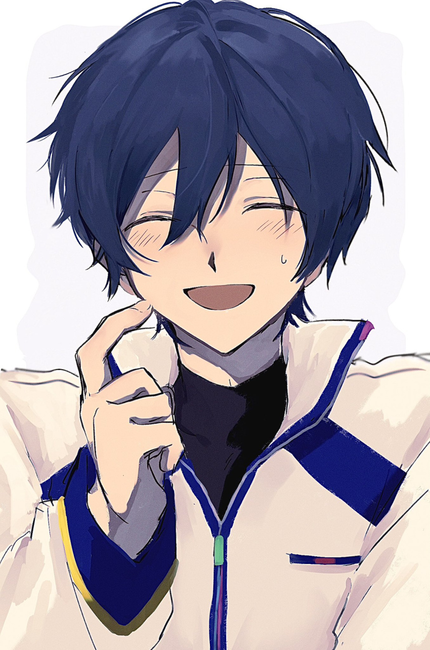 Safebooru - 1boy black shirt blue hair closed eyes commentary request ...