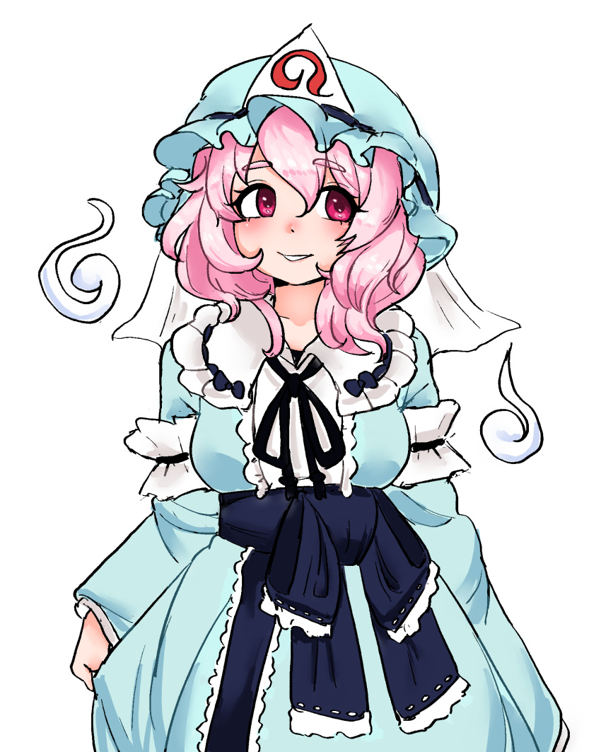 Safebooru - 1girl arm garter blue dress blue hat blue sash cowboy shot dress grin hat highres ...