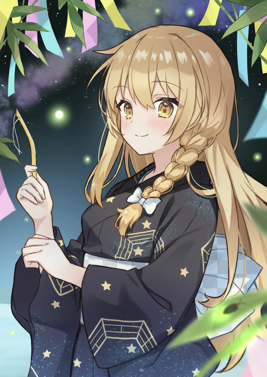 Safebooru - 1girl absurdres ahase hino alternate costume bamboo black kimono blonde hair blush ...