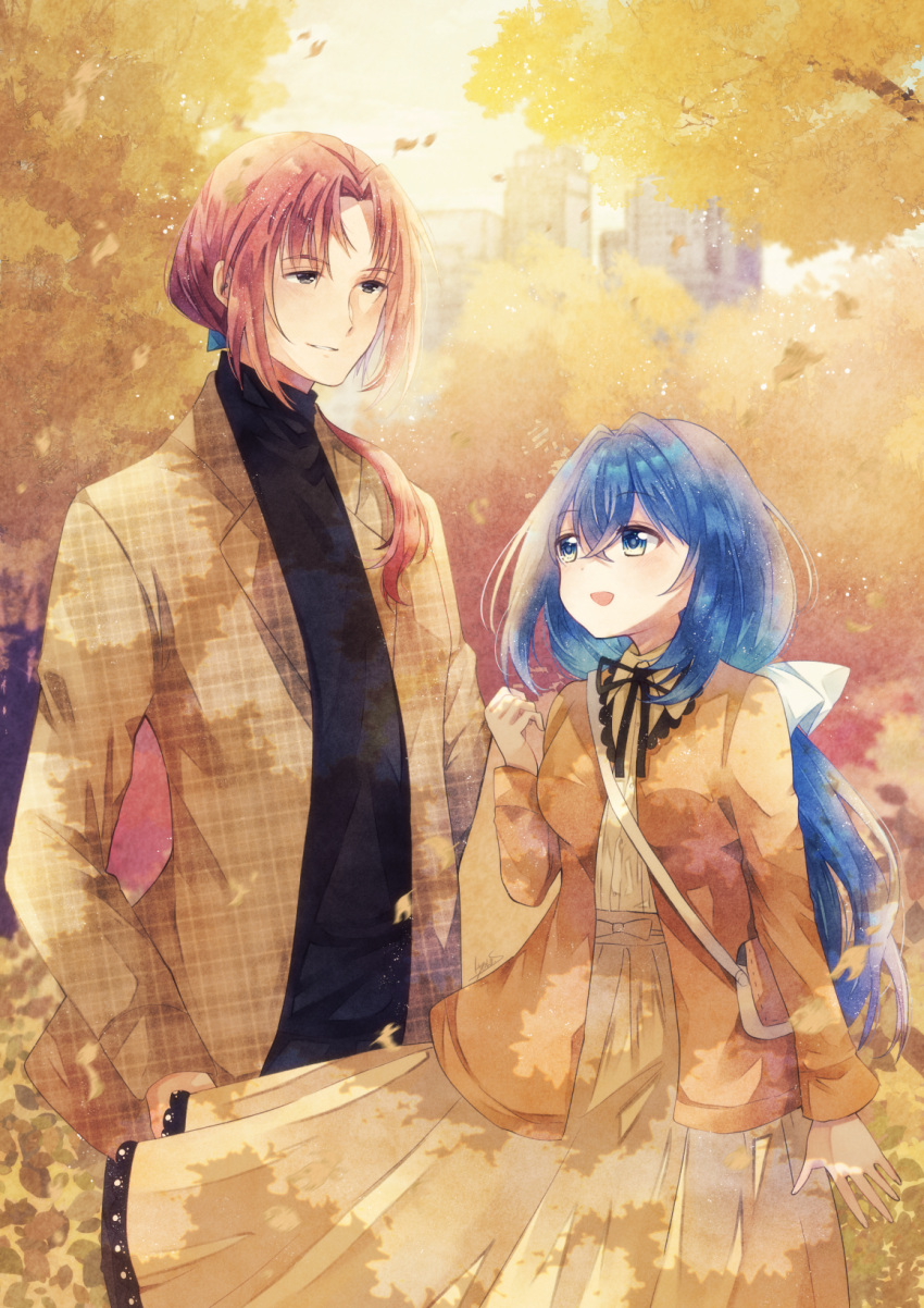 Safebooru - 1boy 1girl :d age difference autumn bag black shirt blue eyes blue hair blurry ...