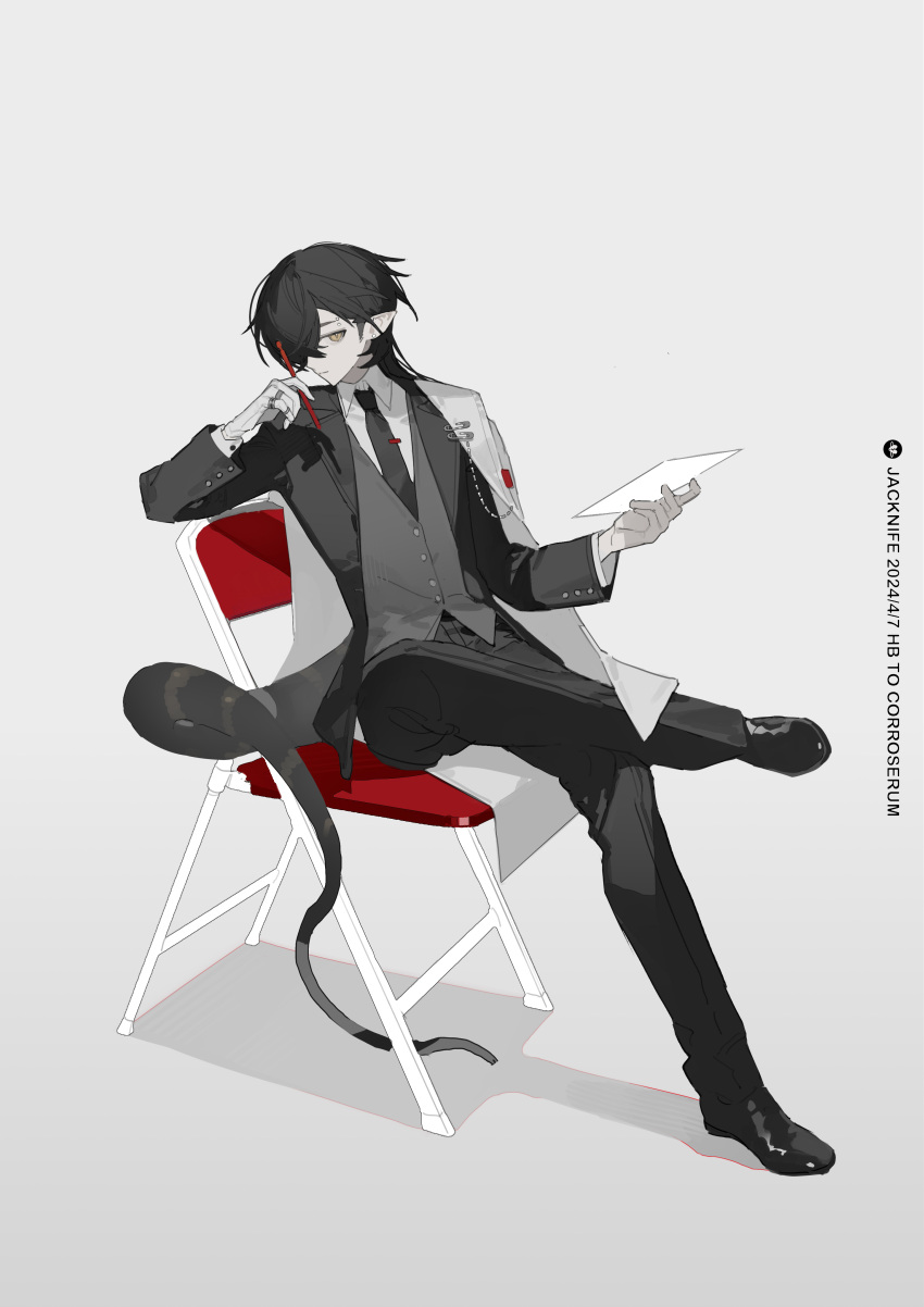 Safebooru - 1boy absurdres alternate costume arknights artist name black footwear black necktie ...