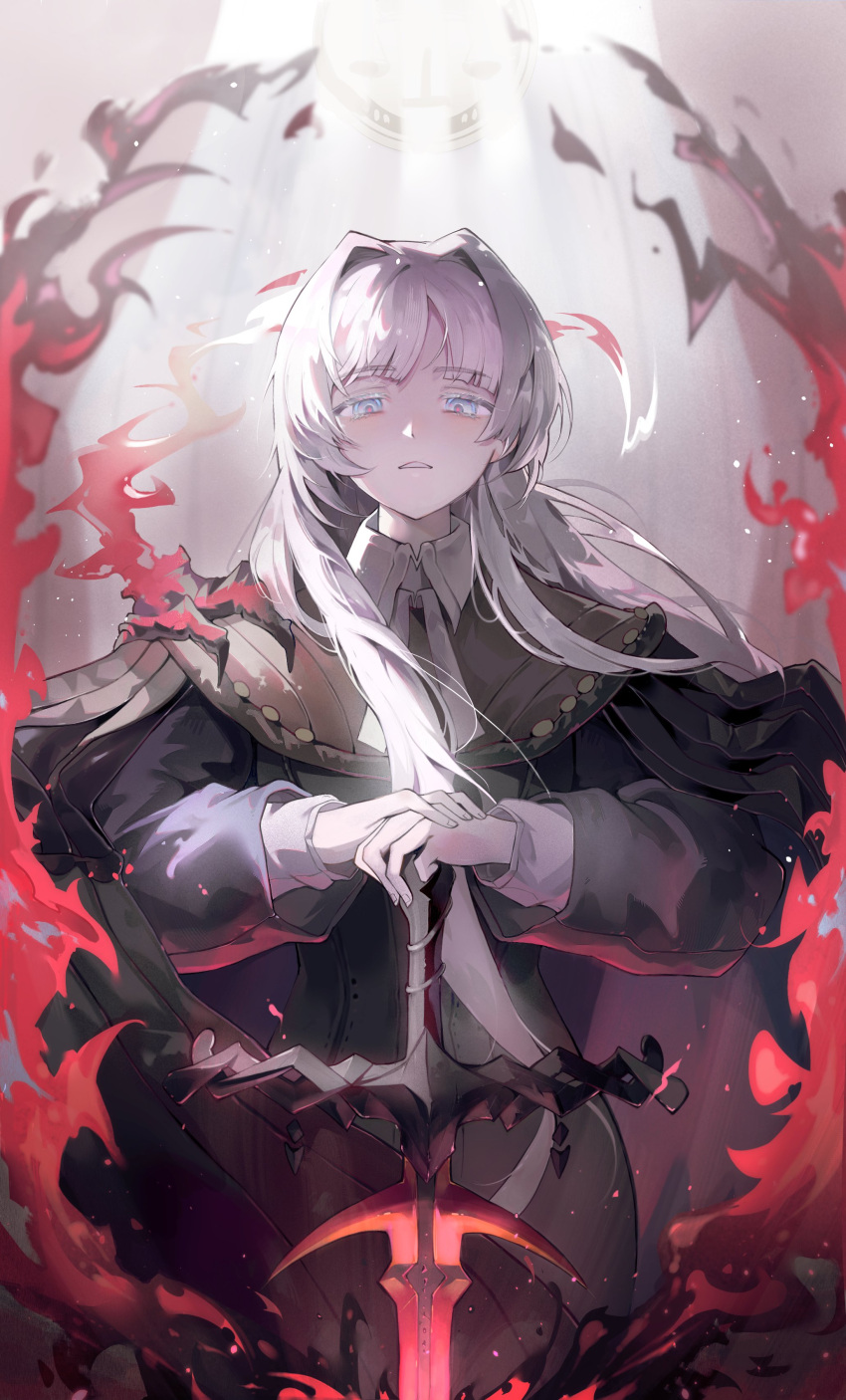 Safebooru - 1girl absurdres blue eyes brown cape brown dress cape ...