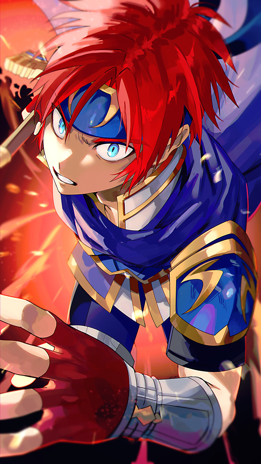 Safebooru - 1boy absurdres arm up armor blue armor blue cape blue eyes blue headband blue pants ...