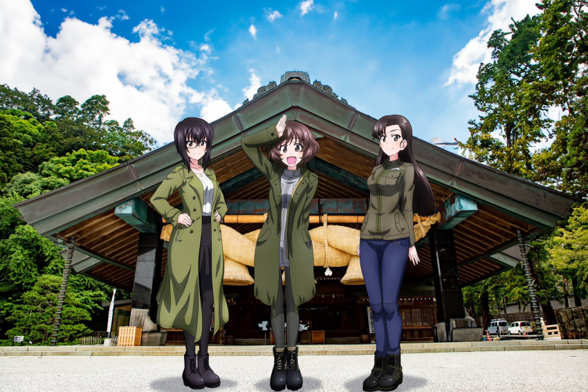 Safebooru - 3girls akiyama yukari arm up black footwear black hair blue ...