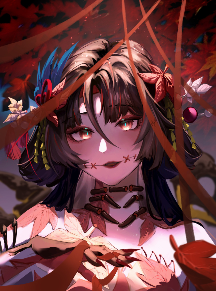 Safebooru - 1girl absurdres autumn leaves black hair blurry blurry background bolayu chinese ...