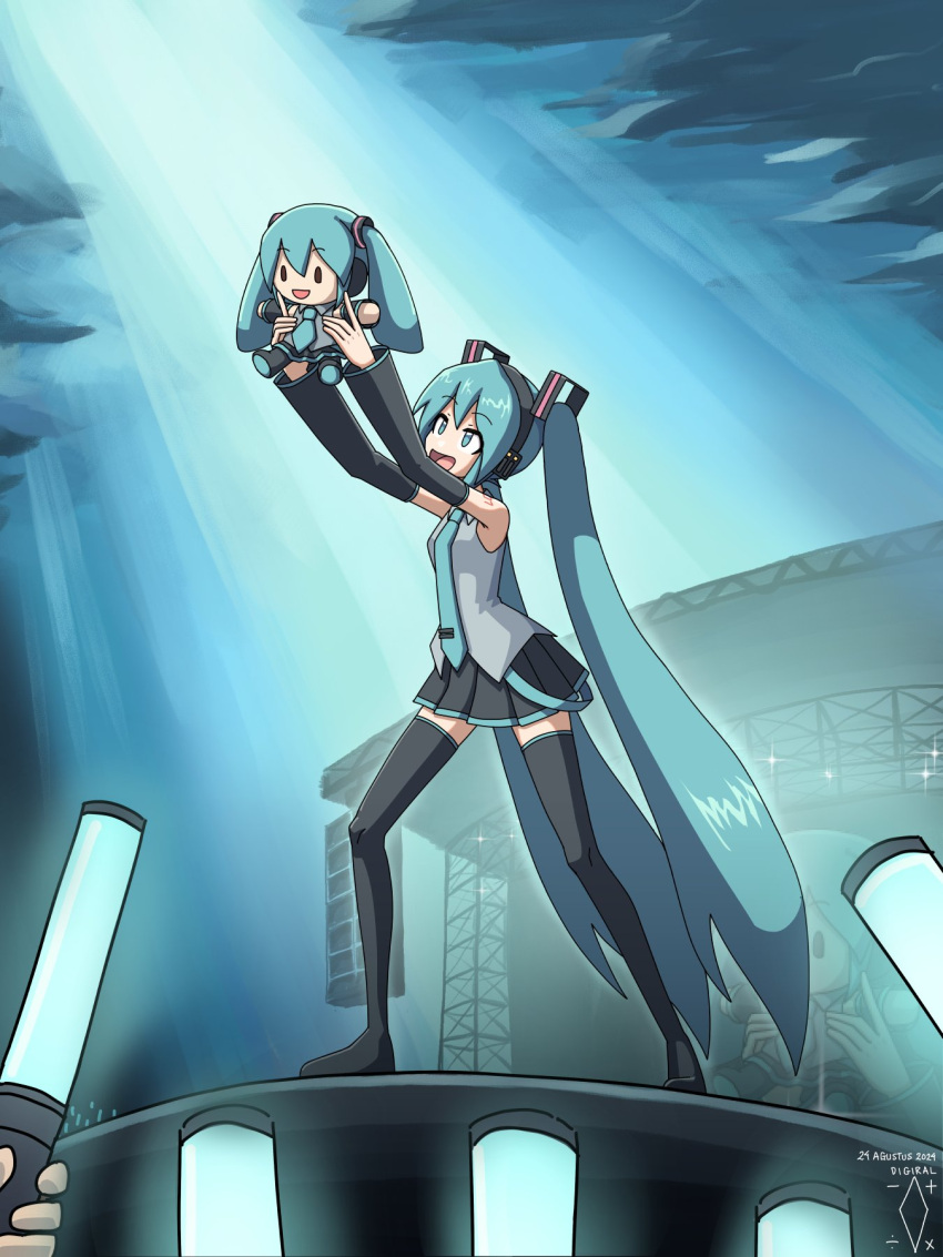 Safebooru - 1girl :d aqua eyes aqua hair aqua necktie arms up artist logo artist name black ...